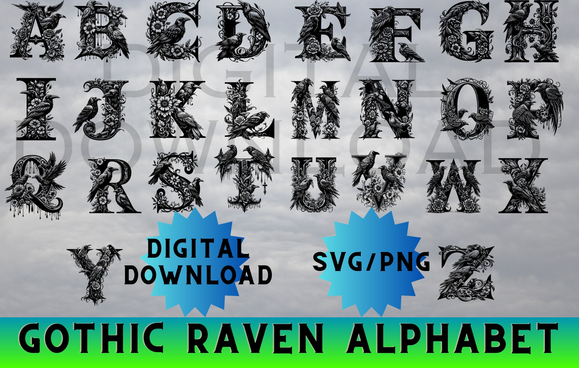 Gothic Raven Font Svg, Raven Svg, Crow Svg, Gothic Font, Raven Font ...