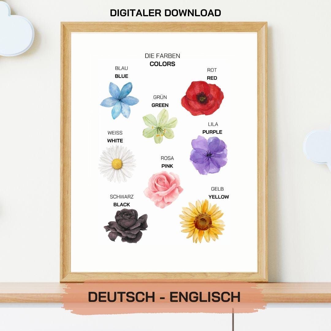 Bilinguales Lernposter Farben Deutsch Englisch mit Blumen, Wanddeko ...