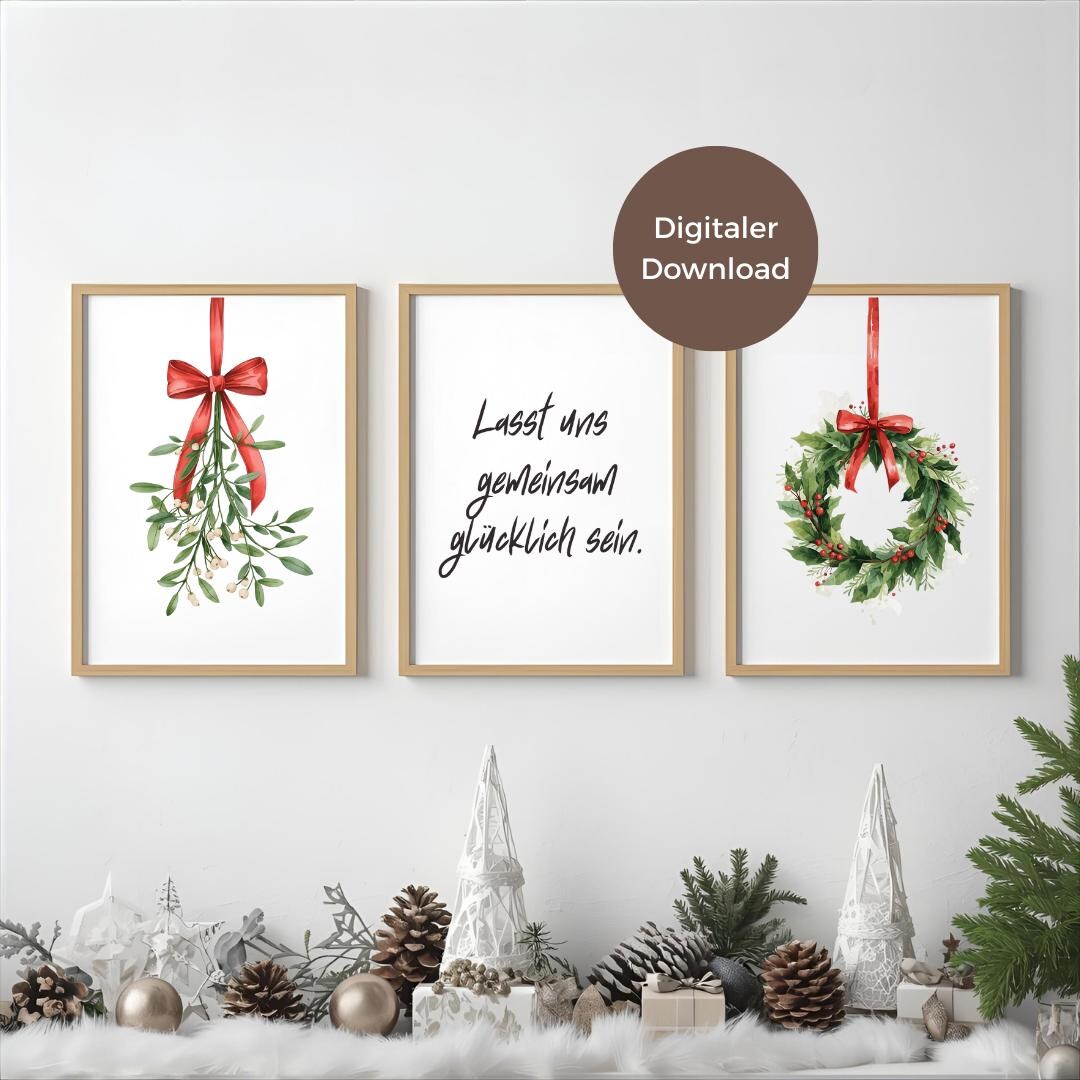 Set of 3 PRINTABLE Christmas Posters | Red Bow Xmas Poster | Holiday ...