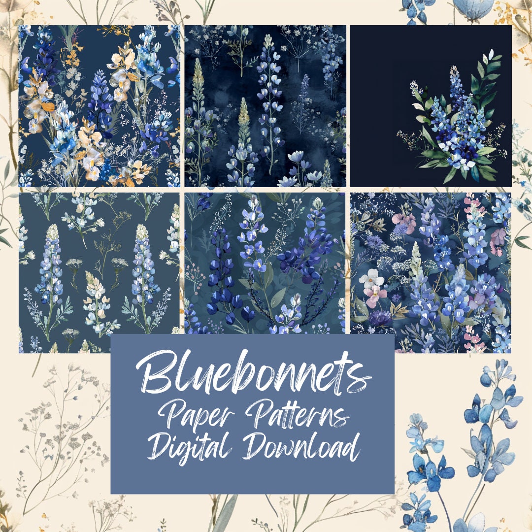 Bluebonnet Clipart Navy Teal Cream Digital Paper Patterns Junk Journal ...