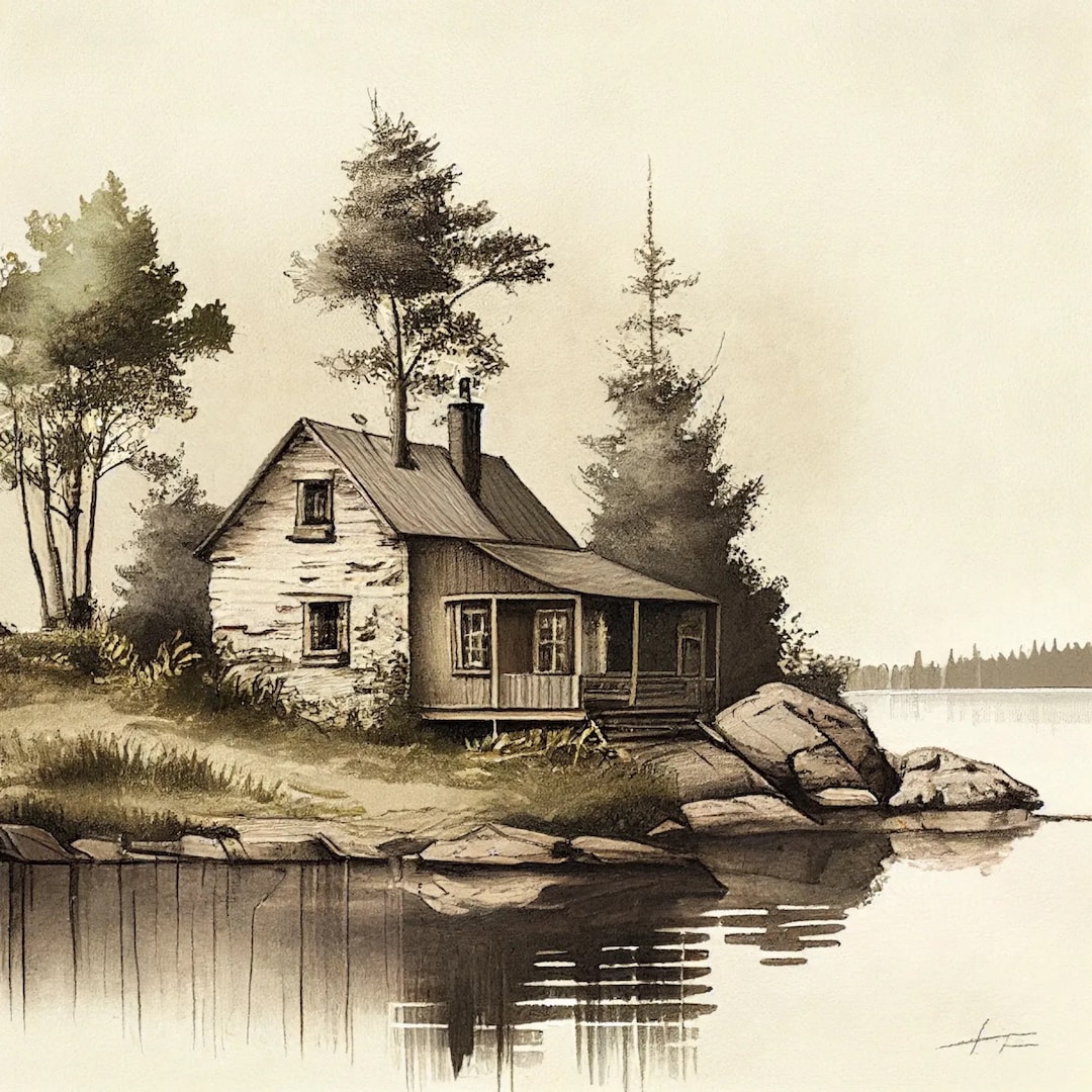 Rustic Cottage on the Lake Digital Sketch Instant Download - Etsy Canada