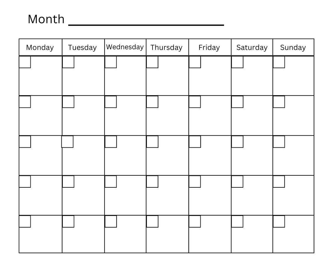 Monthly Calendar, Digital Print, Monday Start, Modern Calendar, Black ...