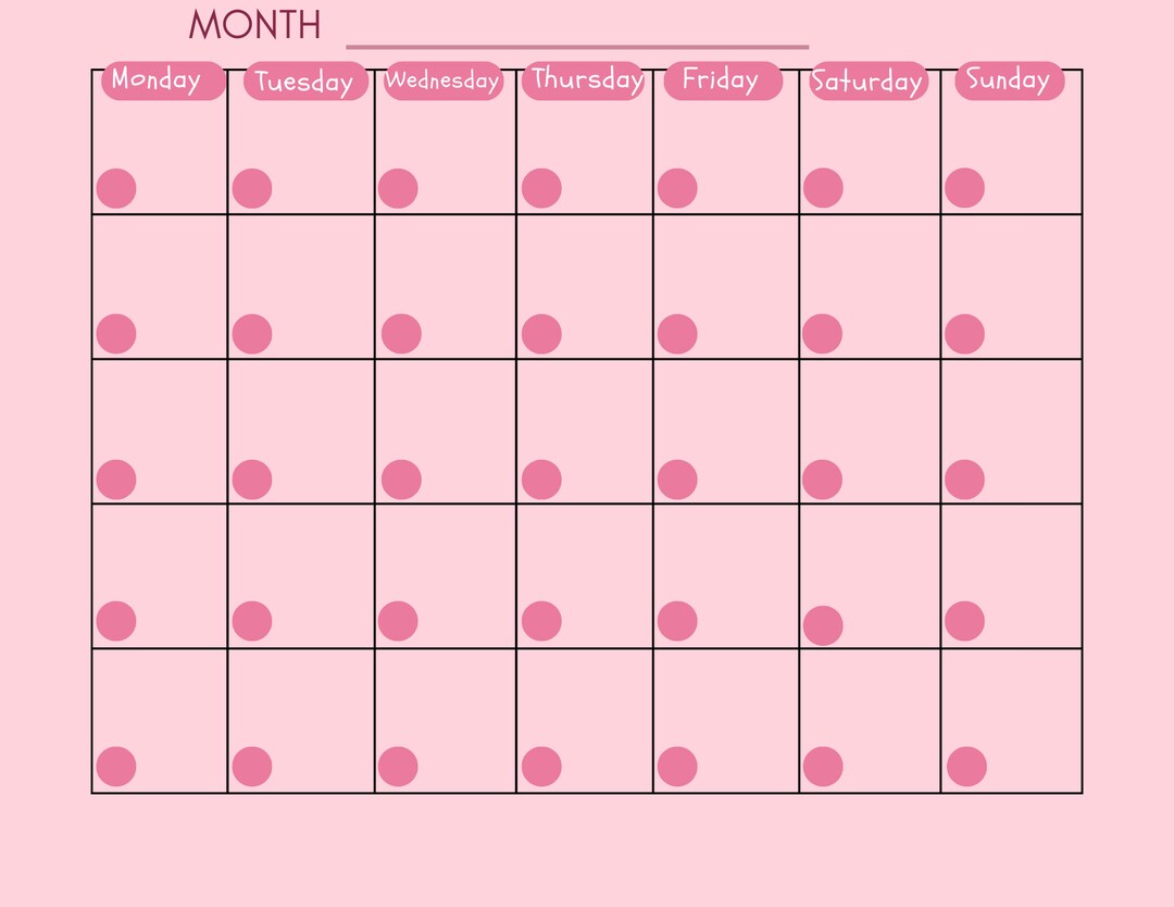 Blank Monthly Calendar, Pink Calendar, Monday Start, Fun Printable ...