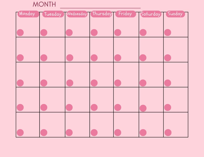 Blank Monthly Calendar, Pink Calendar, Monday Start, Fun Printable ...