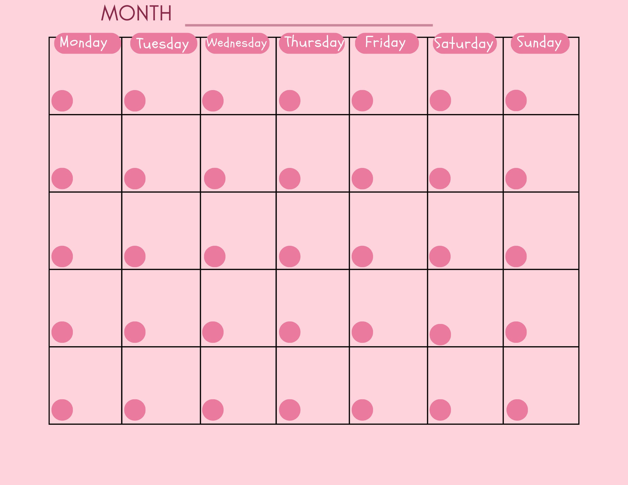 Blank Monthly Calendar, Pink Calendar, Monday Start, Fun Printable ...