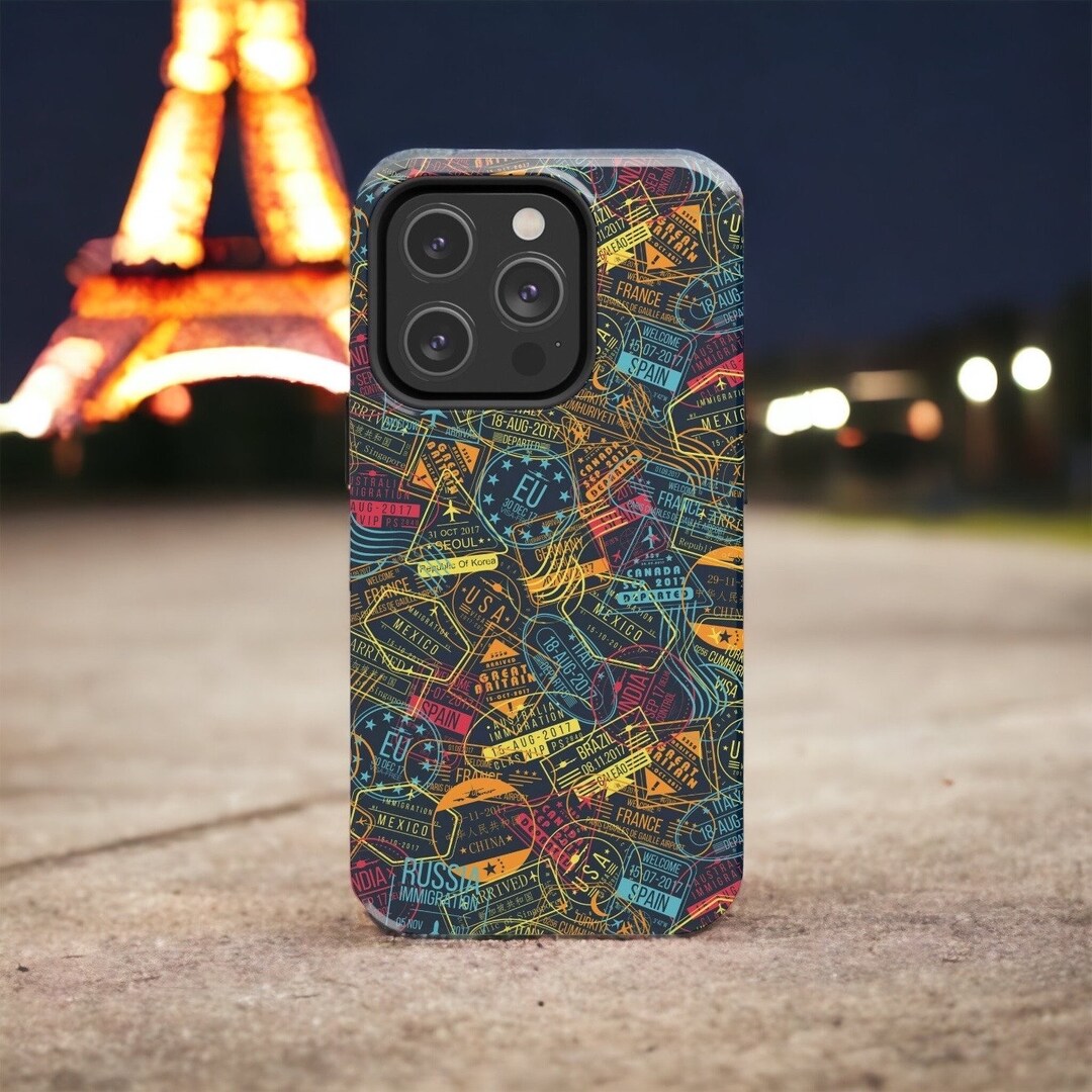 Black Passport Stamps Stamp Travel Phone Case Tough Case, iPhone 15 ...