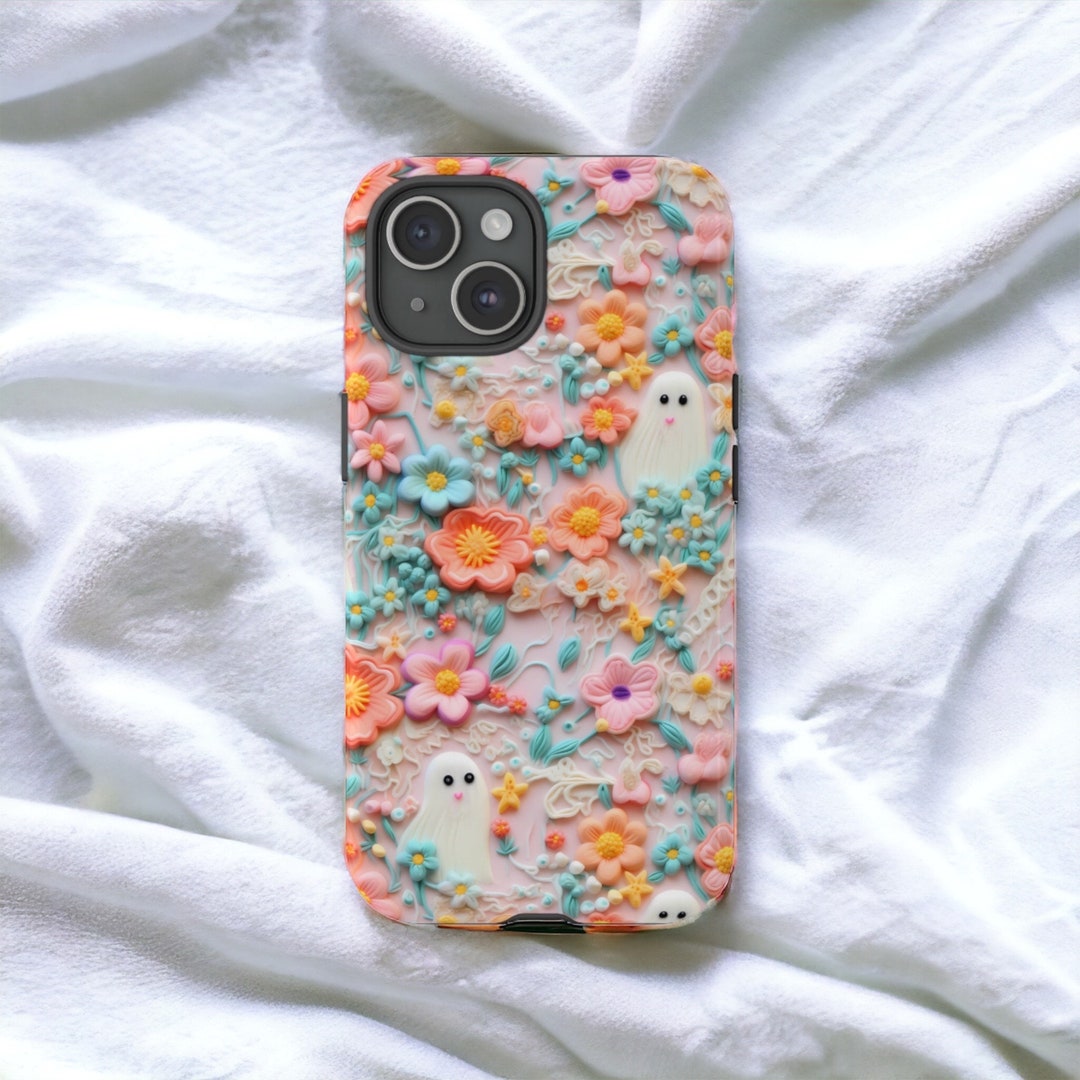 3D Effect Ghosts and Flowers Phone Case, Faux Clay Phone Case, Faux ...