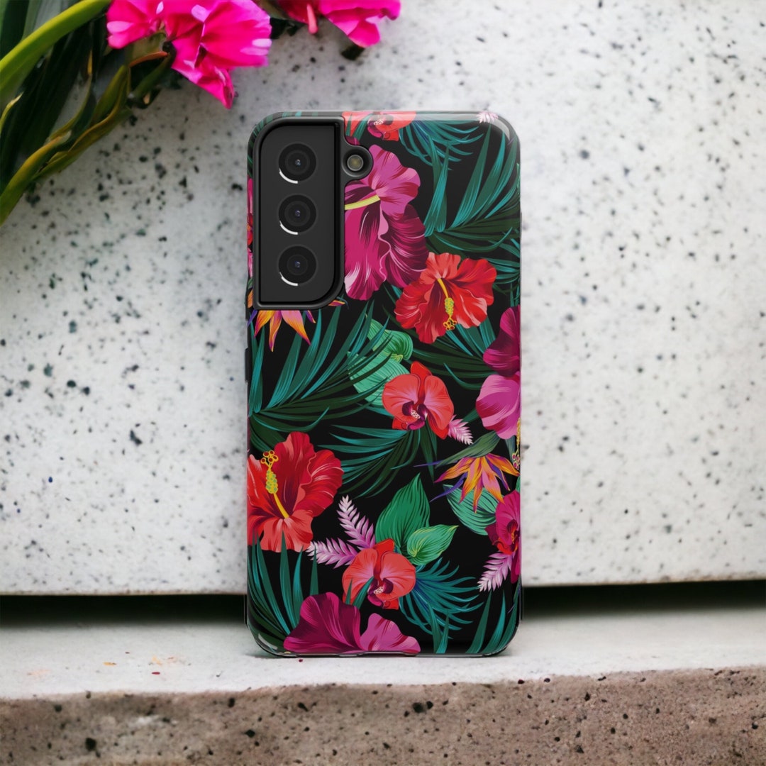 Black Floral Botanical Print Tough Phone Case Samsung Galaxy 21 22 Plus ...