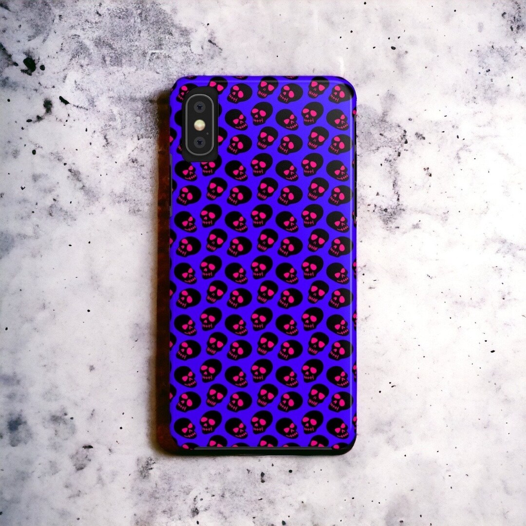 Emo Blue Hot Pink Skull Tough Phone Case, iPhone 15 Pro, Google Pixel ...