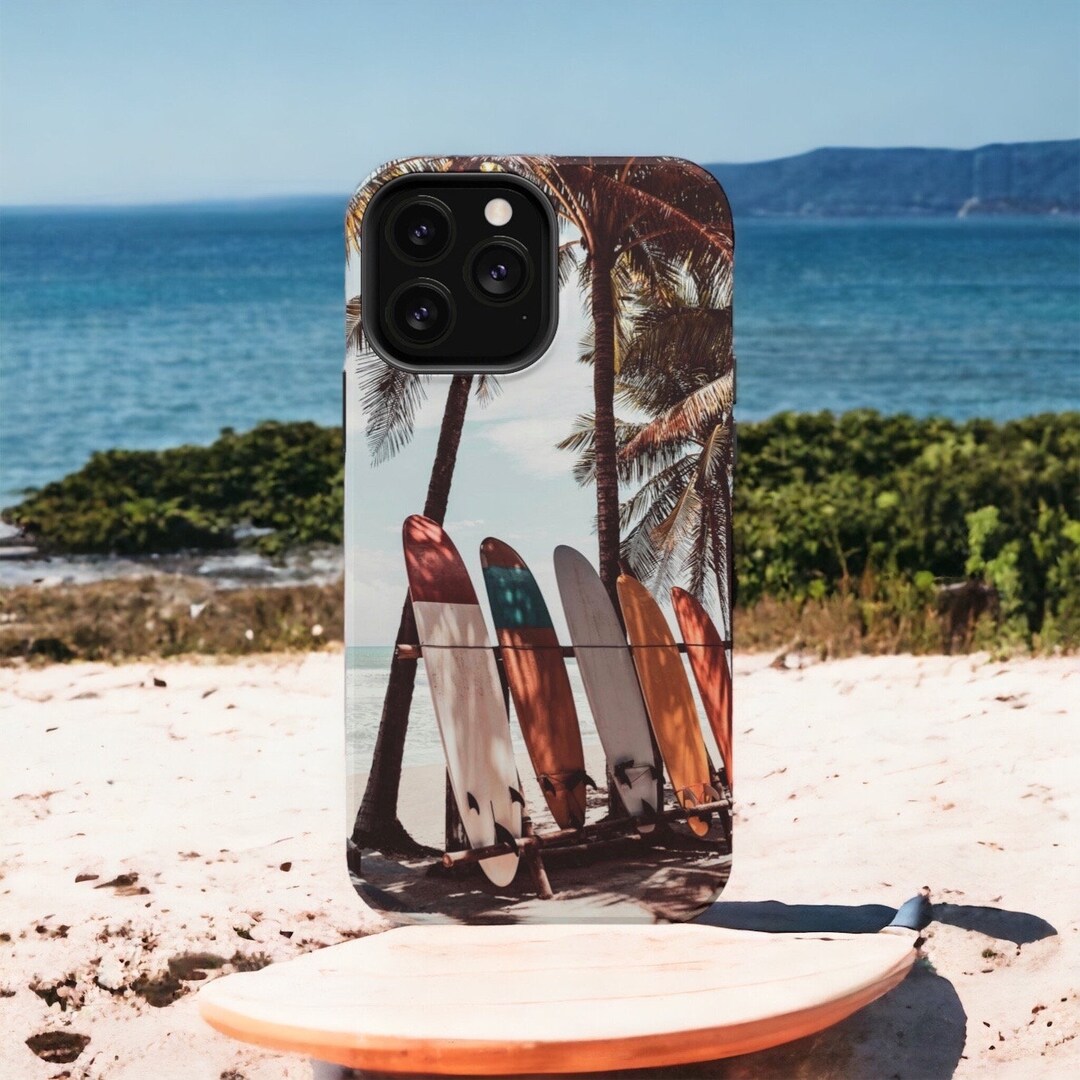 Surfboard Palm Trees Beach Tough Phone Case, iPhone 15 Pro, Google ...
