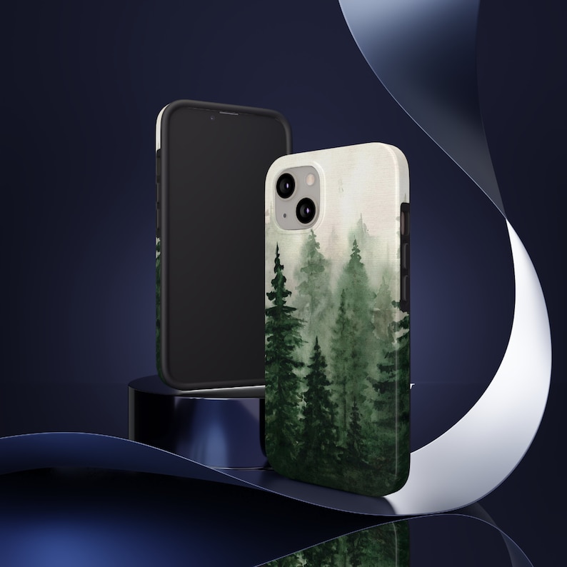 Watercolor Pine Tree Forest Mountains Glossy Tough Phone Case iPhone 15 ...