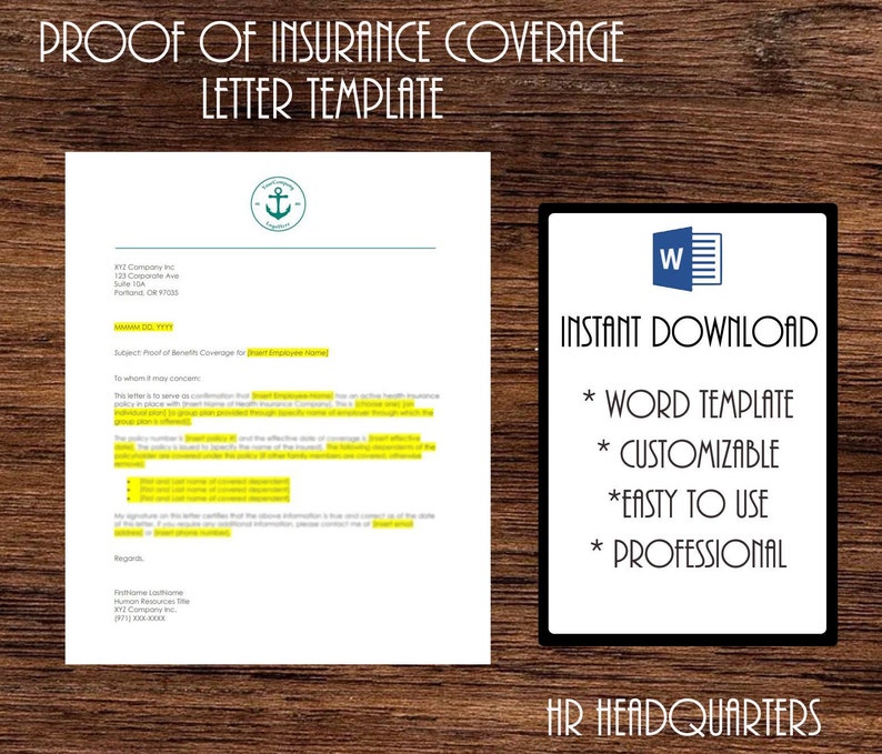 Benefits Proof of Insurance Coverage Letter customizable Template for ...