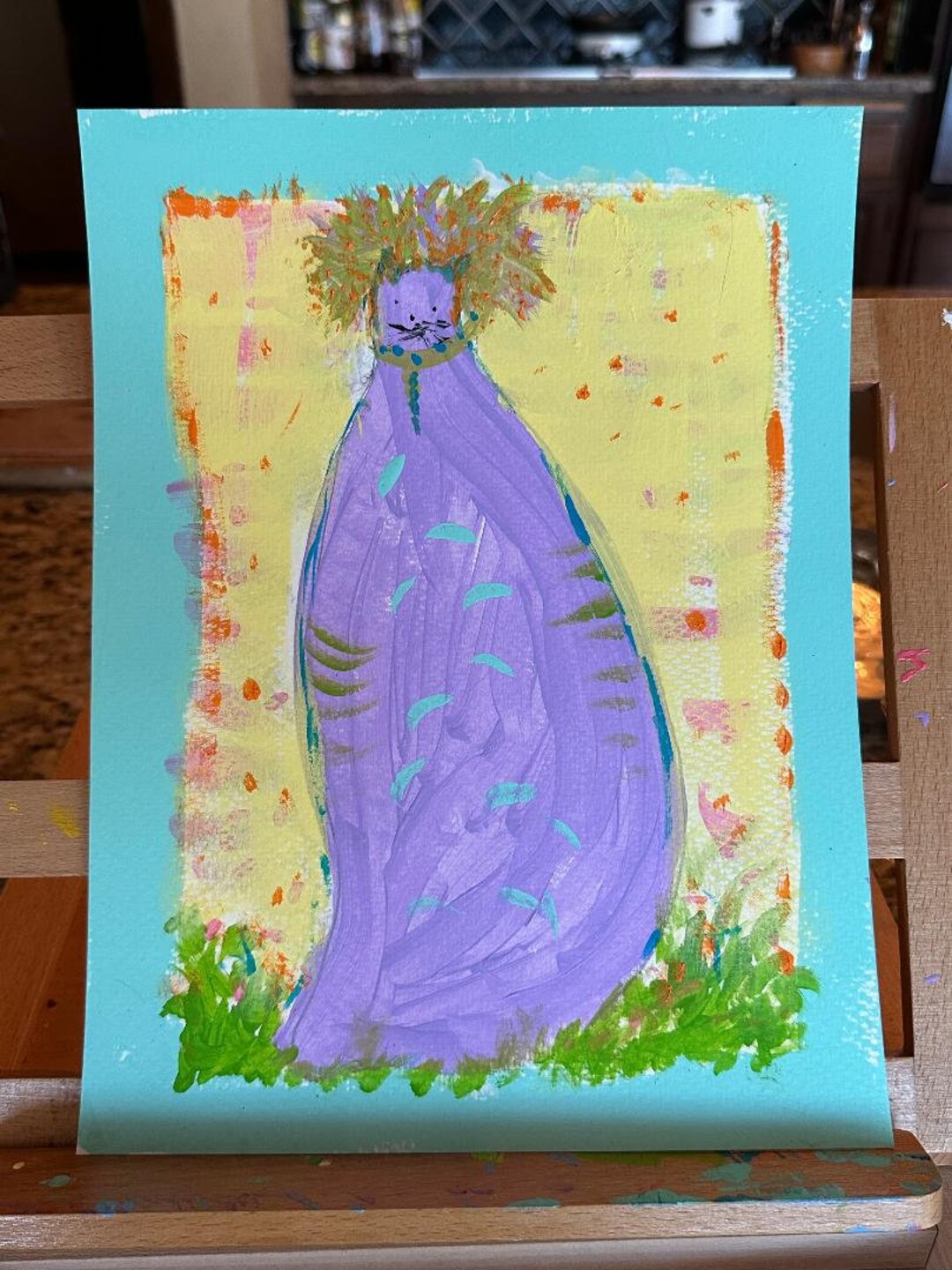 Hand Painted Cat Art, Flower Bonnet Cat Wall Decor, Hand Drawn Cat ...