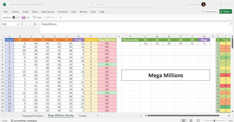 Powerball & Mega Millions Lottery Number Checker (excel Tool) - Etsy