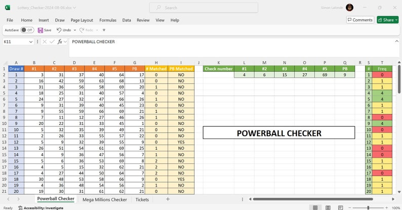 Powerball & Mega Millions Lottery Number Checker (excel Tool) - Etsy