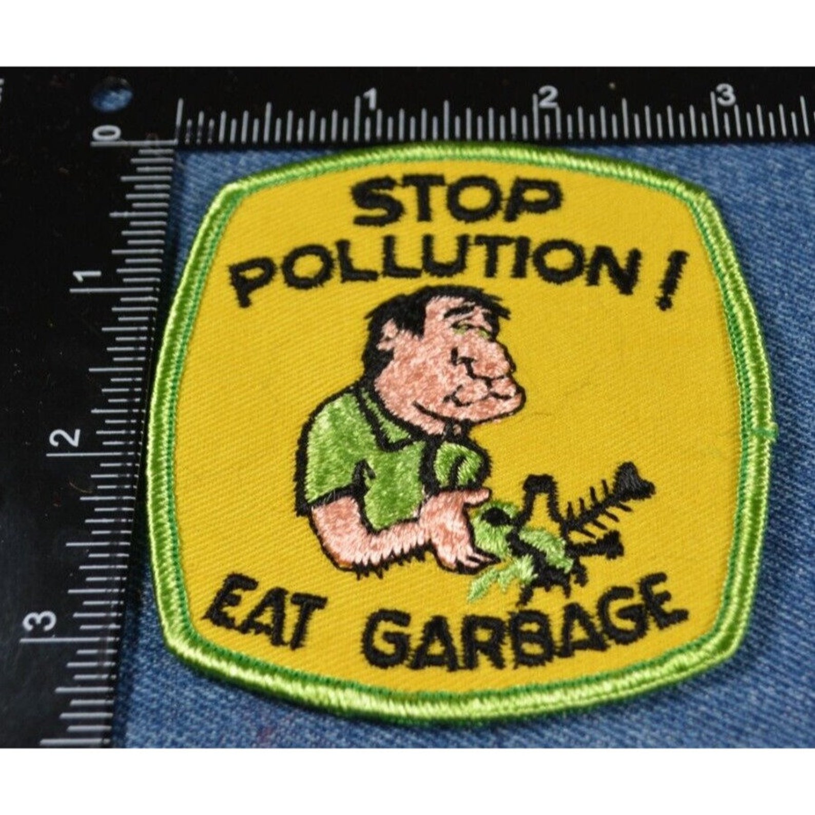 Original 70s Vintage STOP POLLUTION Eat Garbage 3" Patch ECO Green ...