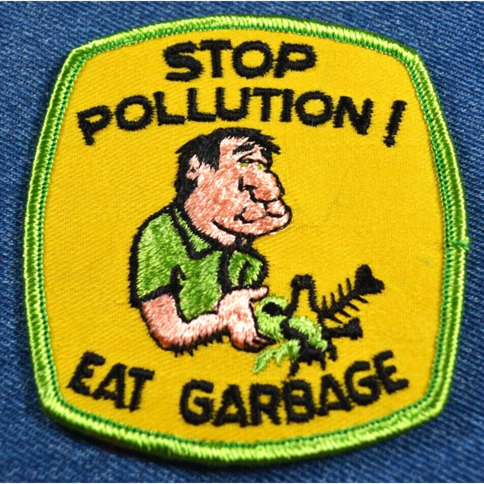 Original 70s Vintage STOP POLLUTION Eat Garbage 3" Patch ECO Green ...