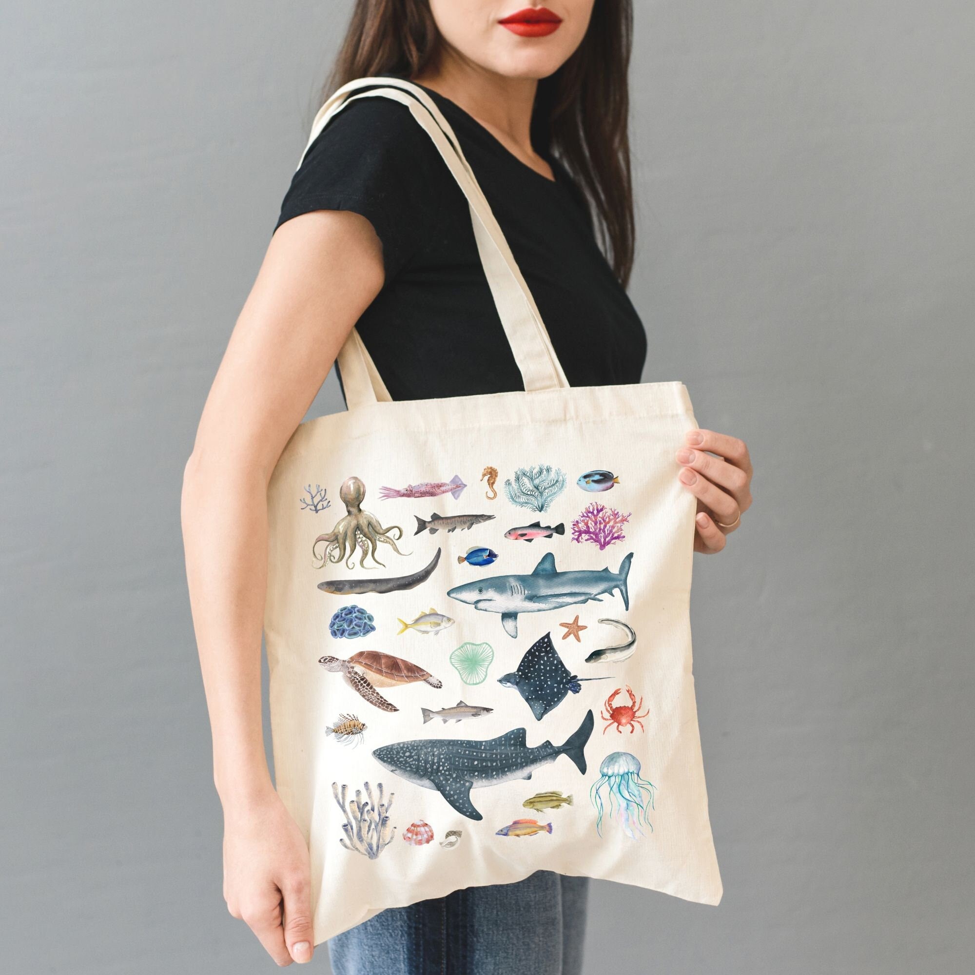 Sea Life Tote Bag, Marine Biologist Canvas Tote, Ocean Lover Gift ...