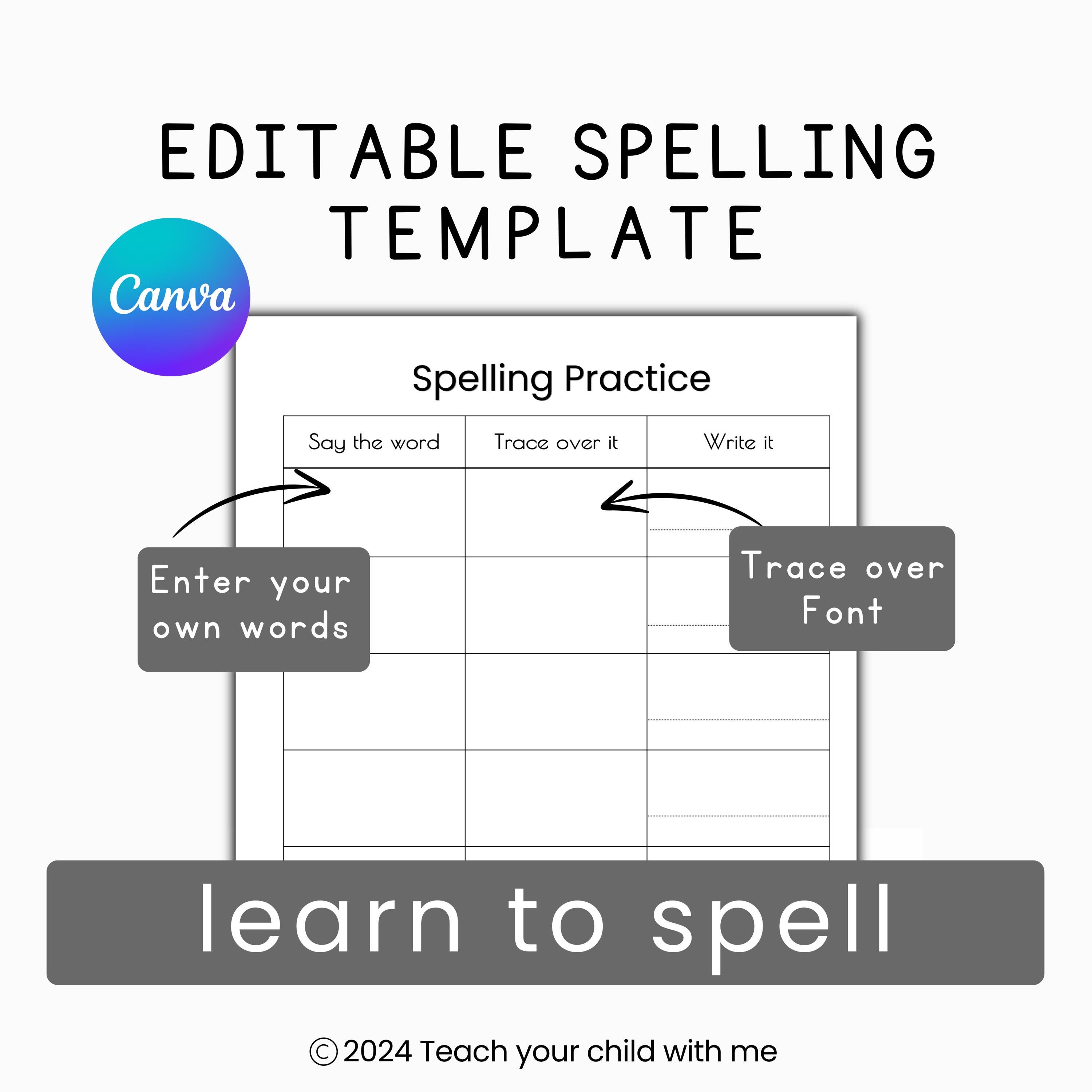 EDITABLE SPELLING WORKSHEET, Personalize and Enter Your Words to Trace ...