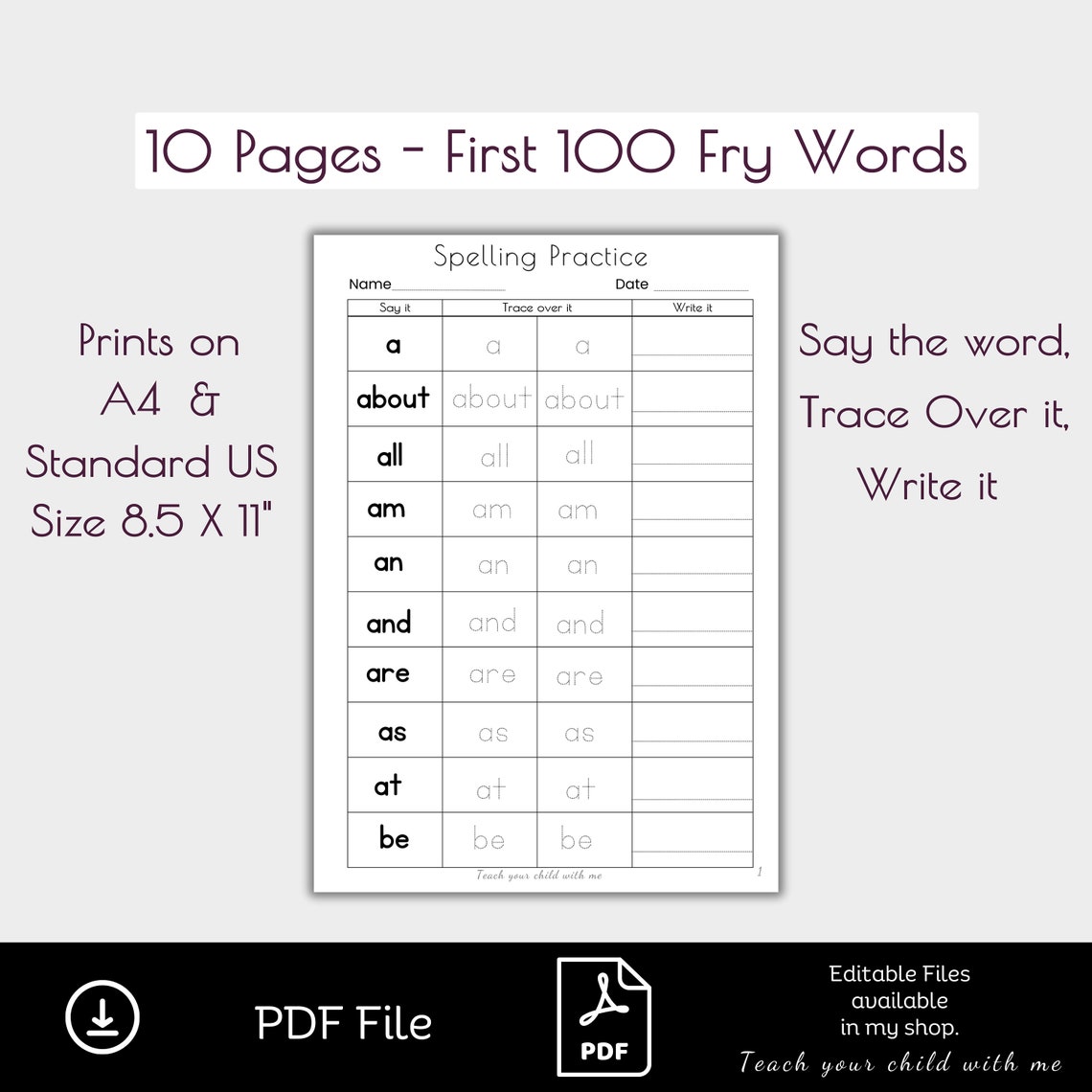 1st GRADE SPELLING WORKSHEETS, Practice Spellings With These Trace-over ...