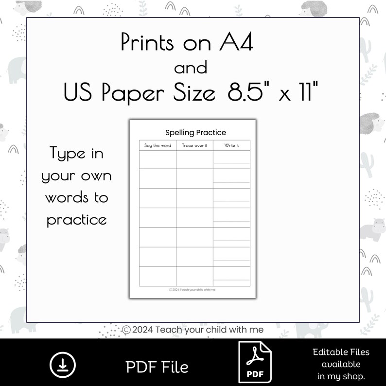 EDITABLE SPELLING WORKSHEET, Personalize and Enter Your Words to Trace ...