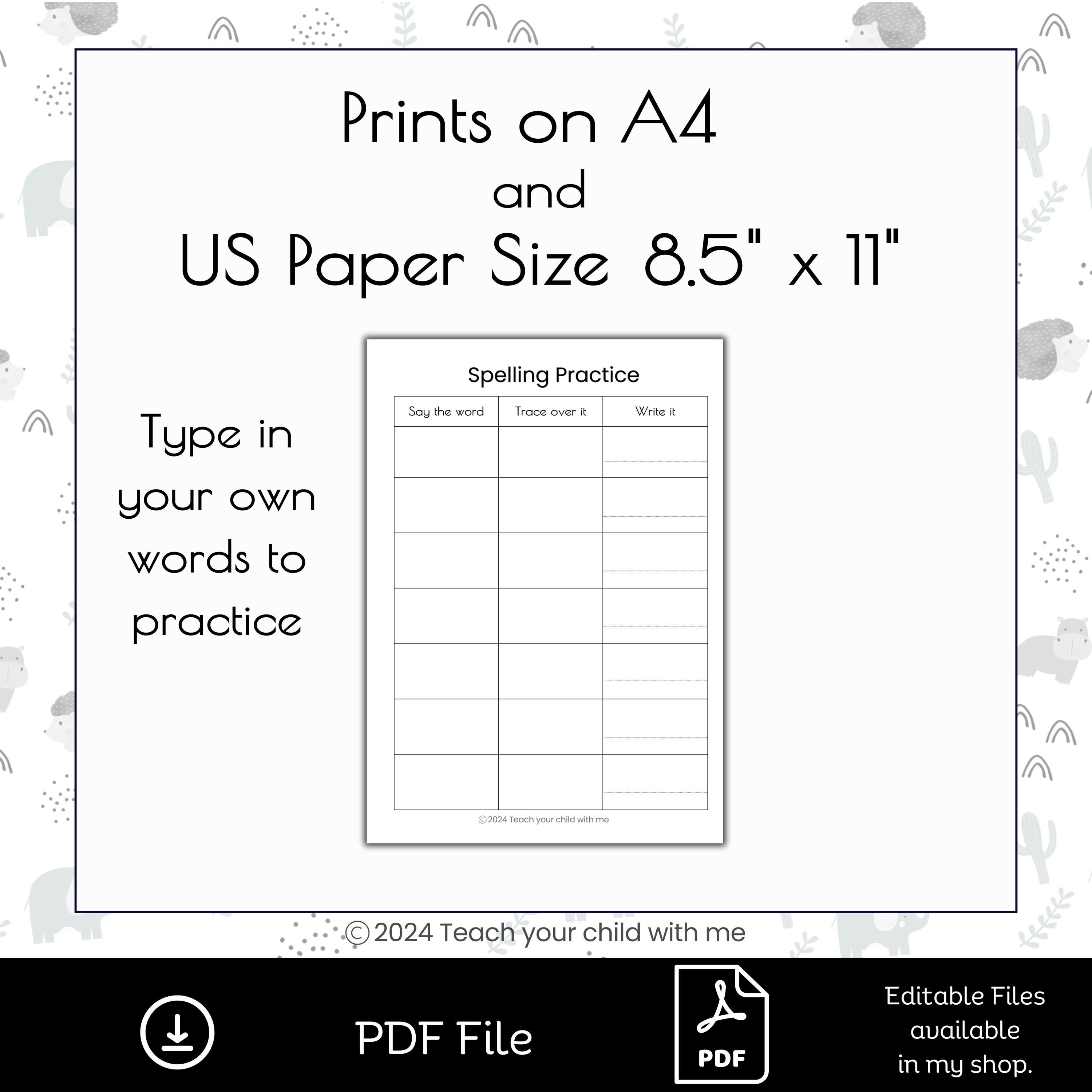 EDITABLE SPELLING WORKSHEET, Personalize and Enter Your Words to Trace ...