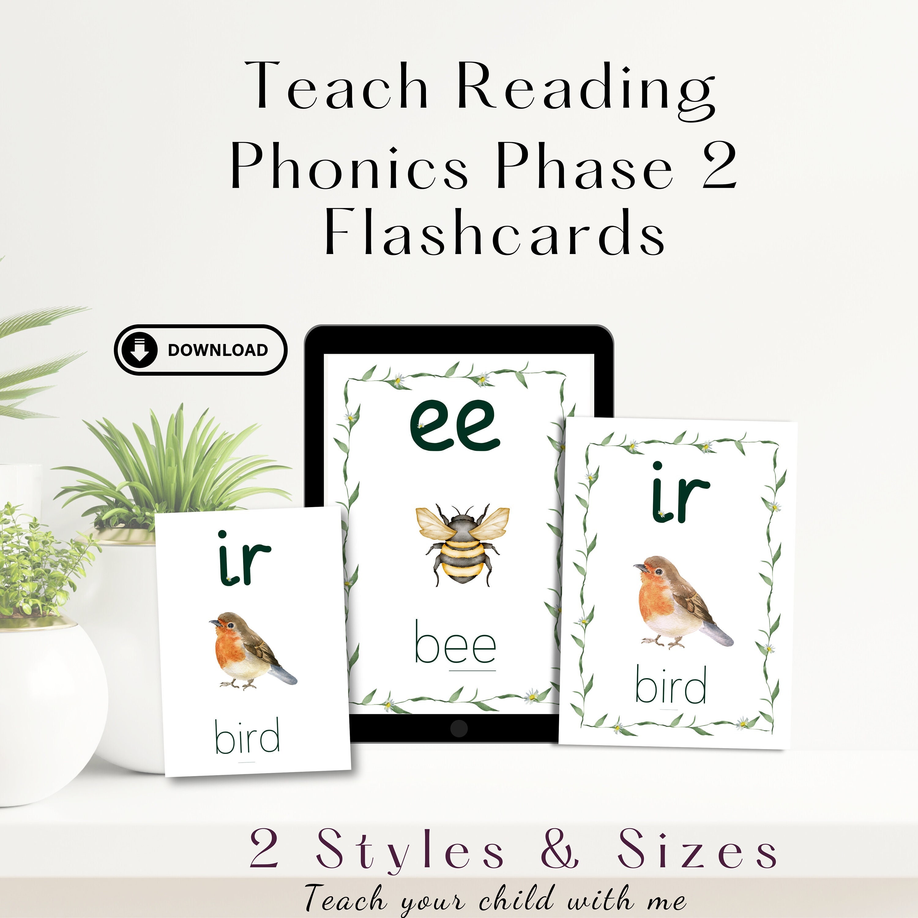 PHONICS PHASE 2 FLASHCARDS, Watercolor, Nature Design, Perfect for ...