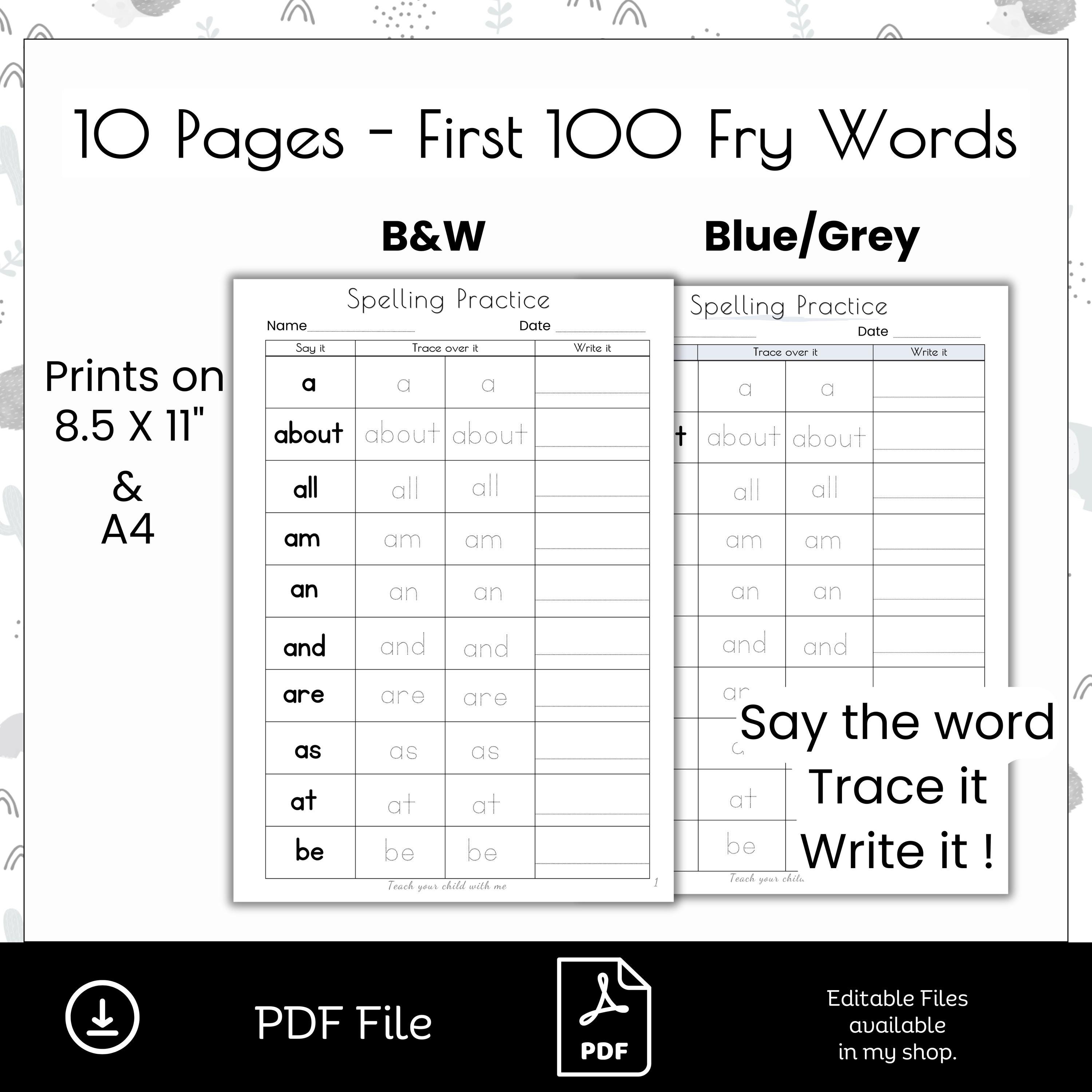 1st GRADE SPELLING WORKSHEETS, Practice Spellings With These Trace-over ...
