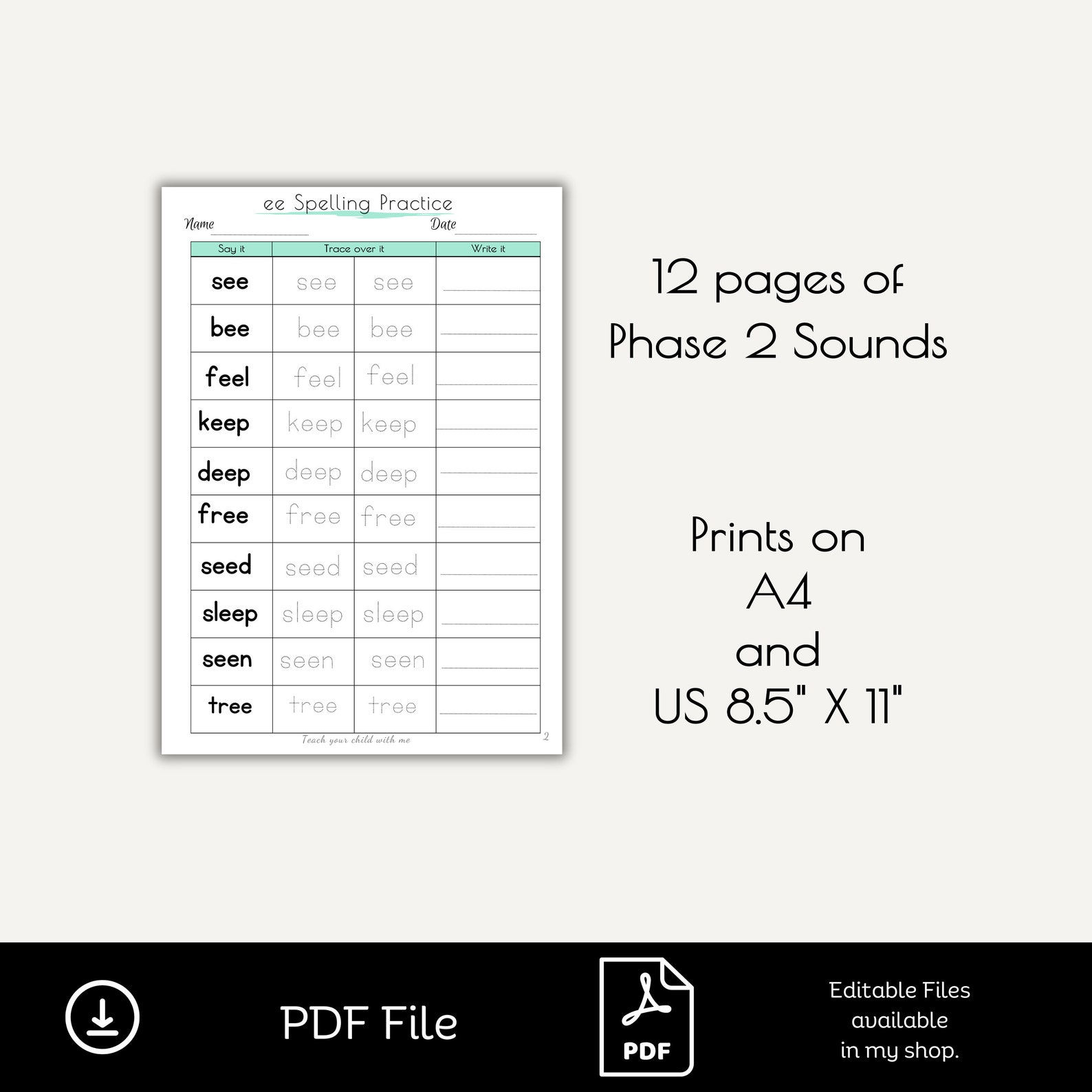 Phonics Spelling Practice Worksheets With Trace Over Font, Perfect ...