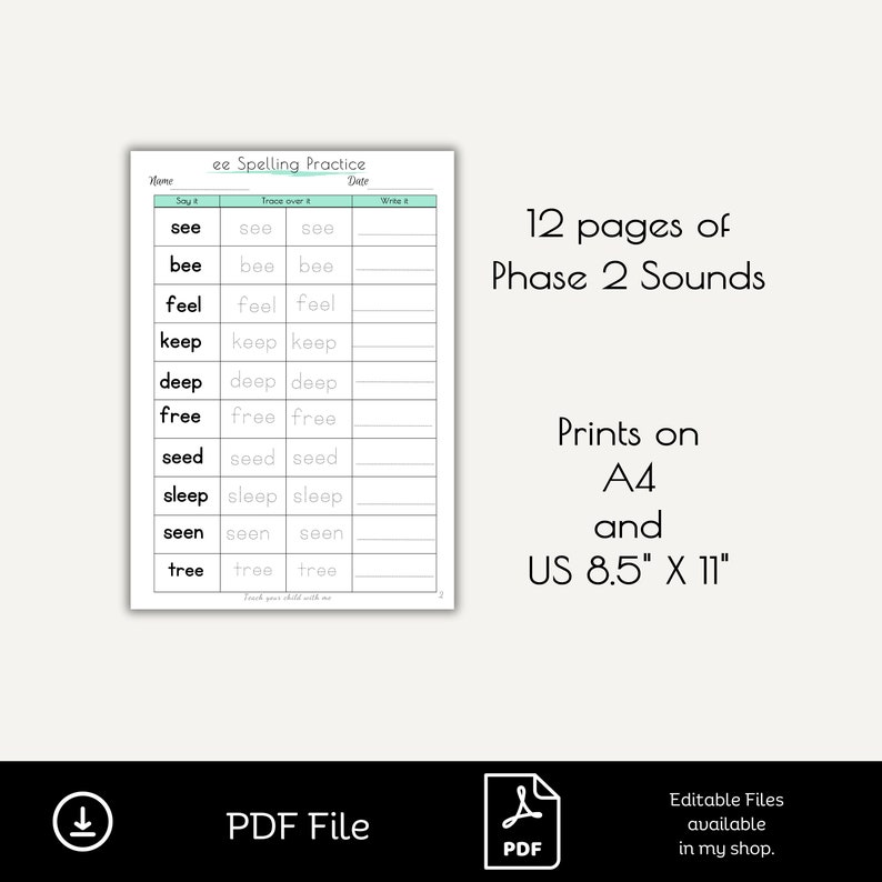 Phonics Spelling Practice Worksheets With Trace Over Font, Perfect ...