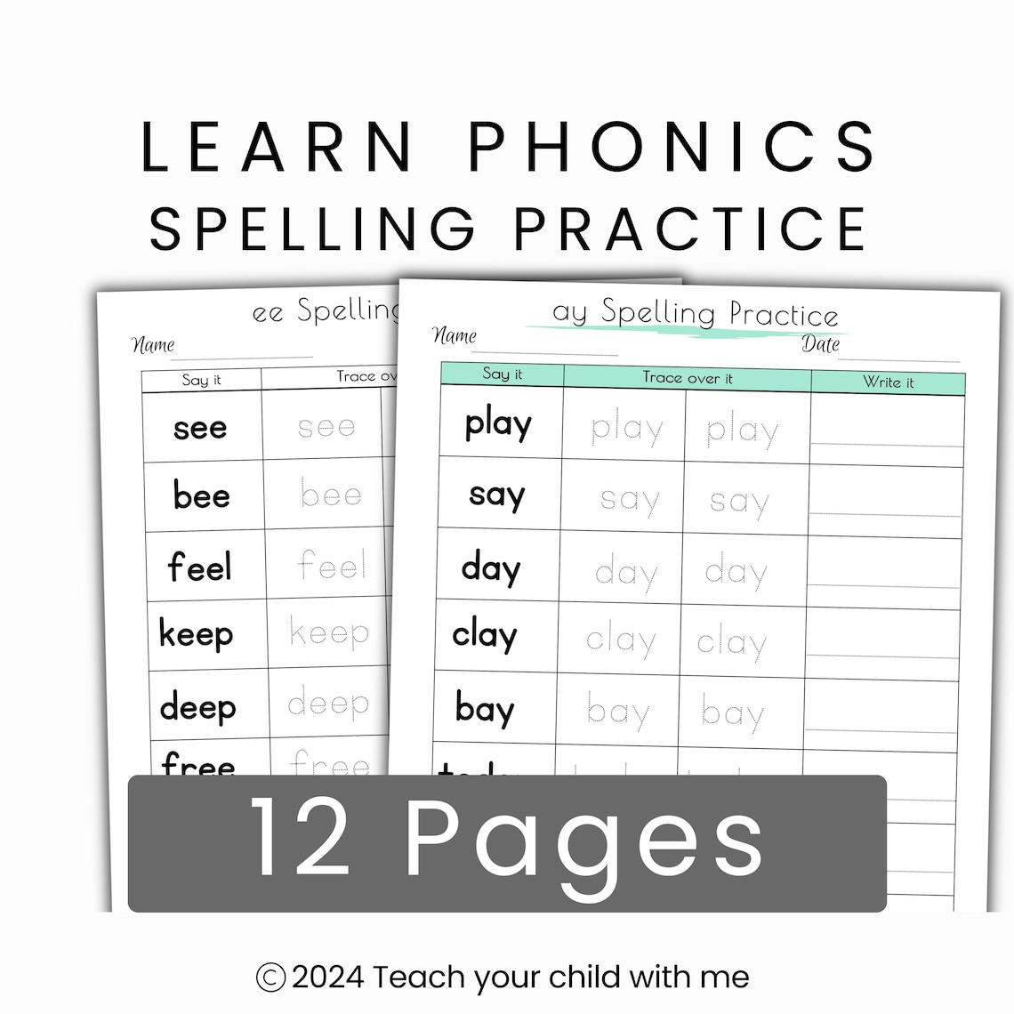 Phonics Spelling Practice Worksheets With Trace Over Font, Perfect ...