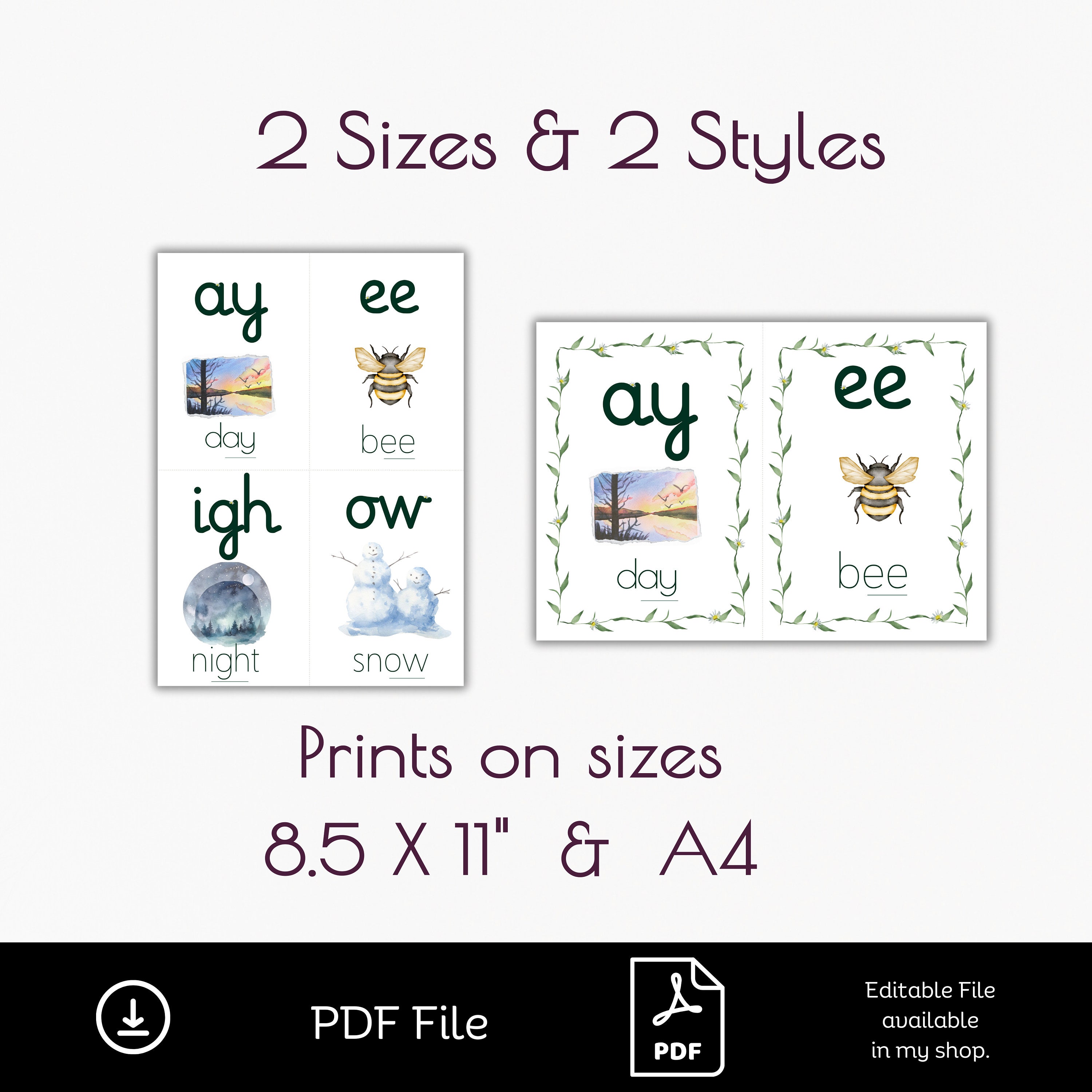 PHONICS PHASE 2 FLASHCARDS, Watercolor, Nature Design, Perfect for ...