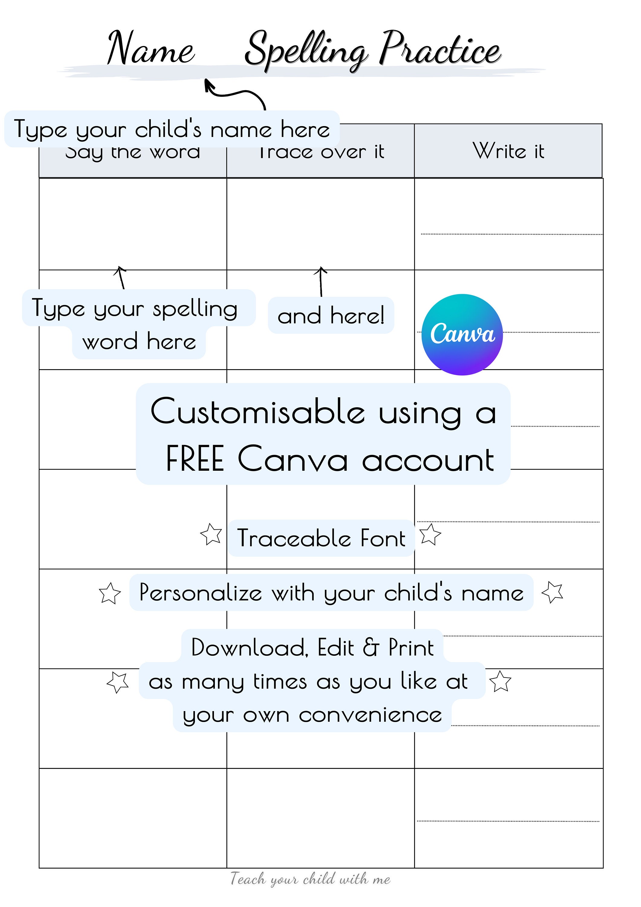 EDITABLE SPELLING WORKSHEET, Personalize and Enter Your Words to Trace ...