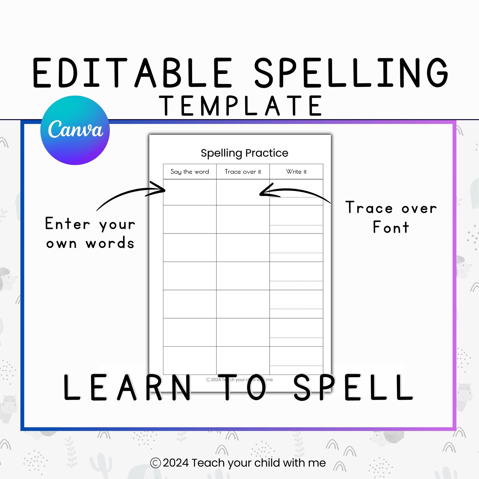 EDITABLE SPELLING WORKSHEET, Personalize and Enter Your Words to Trace ...