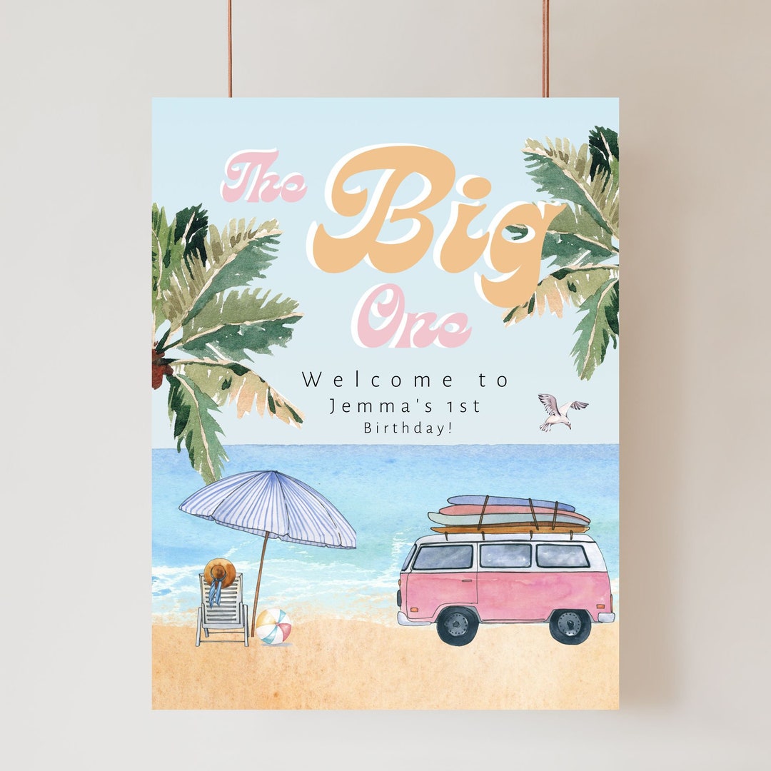 Editable Surf Birthday Welcome Sign Girl Pink Retro Bus, the Big One ...