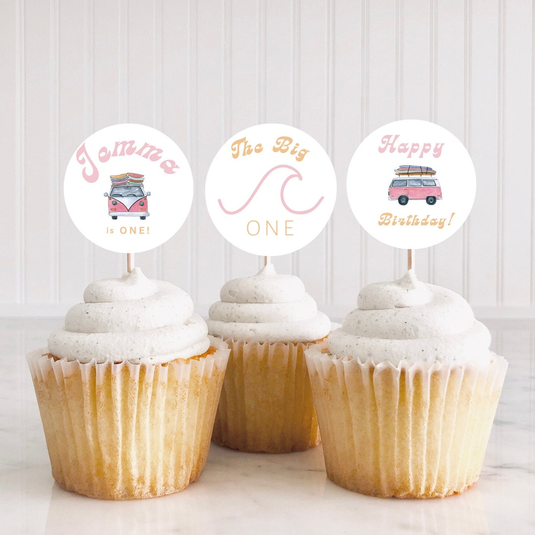 The BIG One Cupcake Toppers Editable DOWNLOAD, Pink Retro Vibes Bus ...