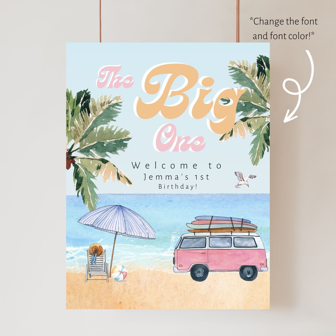 Editable Surf Birthday Welcome Sign Girl Pink Retro Bus the - Etsy