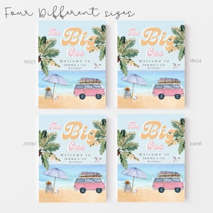Editable Surf Birthday Welcome Sign Girl Pink Retro Bus, the Big One ...