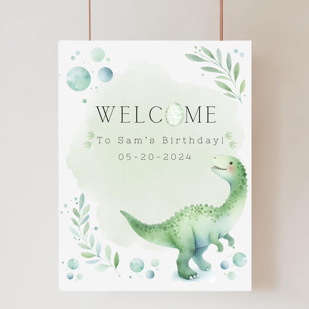 Dinosaur Welcome Sign - Water Colored Dinosaur Welcome Sign - Birthday ...