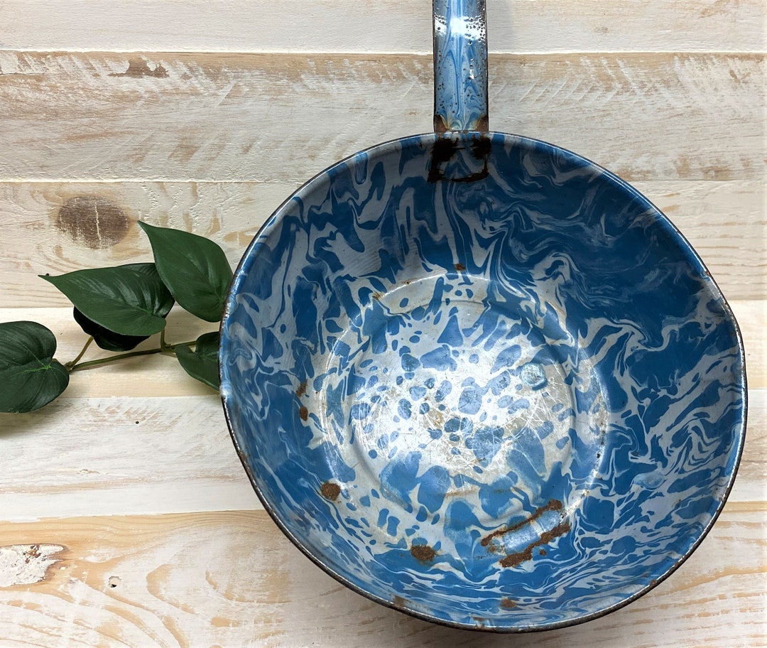 Rustic Blue and White Spatterware Enamel Long Handle Sauce Pot ...