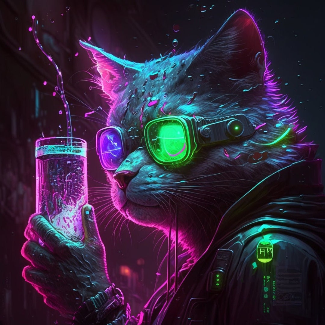 Cyberpunk Neon Cat Digital Art - Etsy