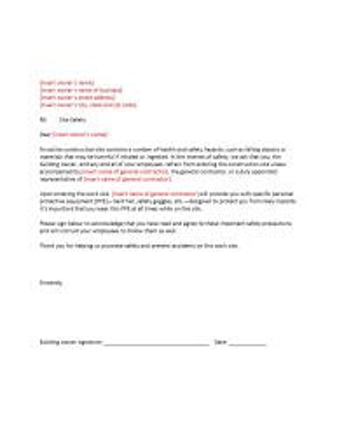 Site Safety Letter Construction Safety Target Safety Forms Personal ...