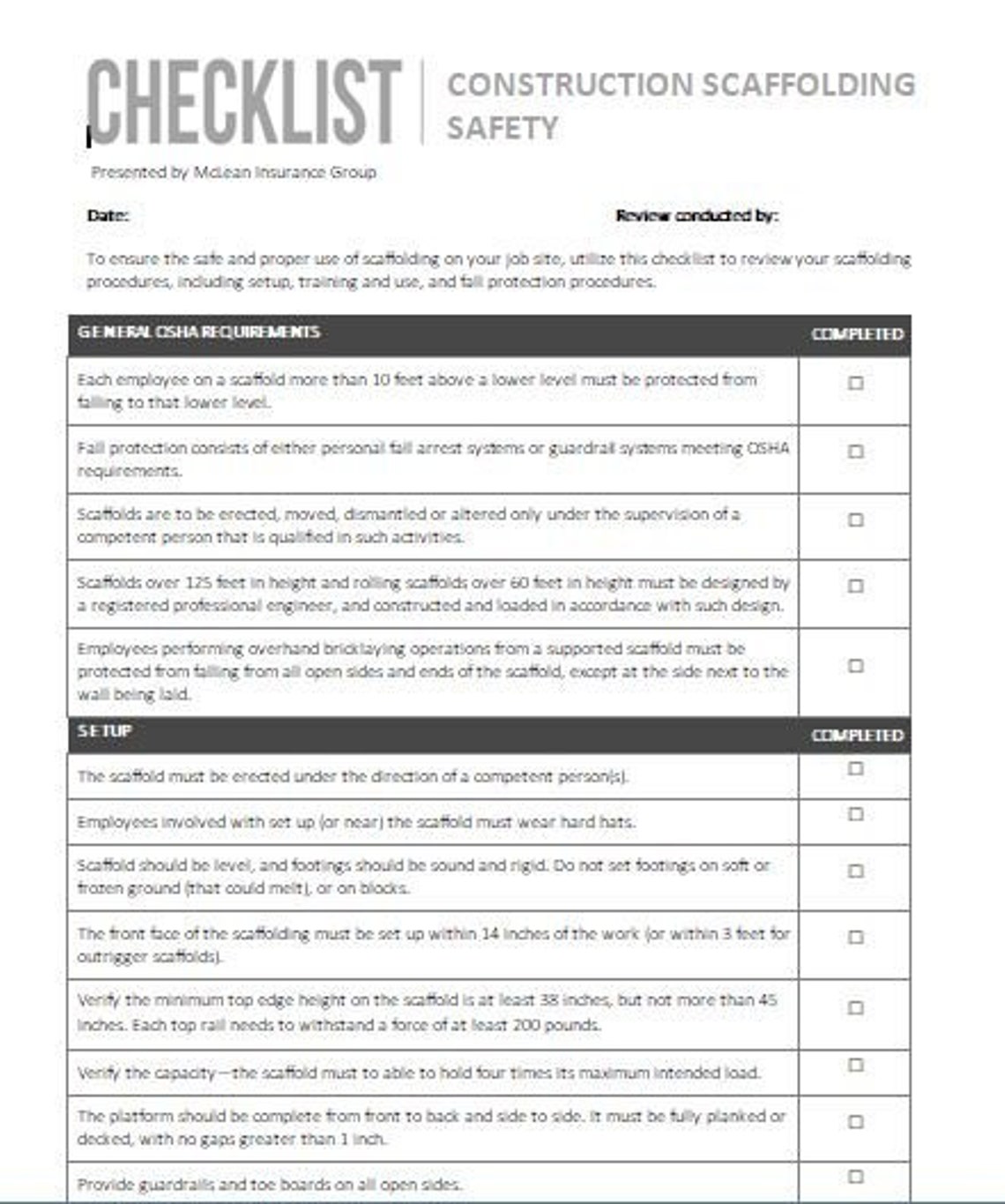 Construction Scaffolding Safety Construction Safety Checklist Site ...