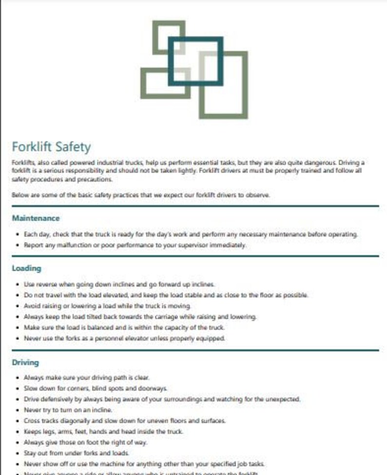 Forklift Safety Form Safety Manual Forms Forklift Safety - Etsy