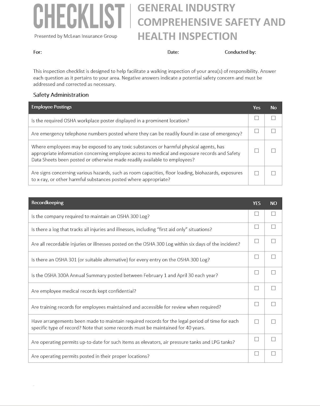 Health Safety Checklist Safety Template Form Employee Health Form ...