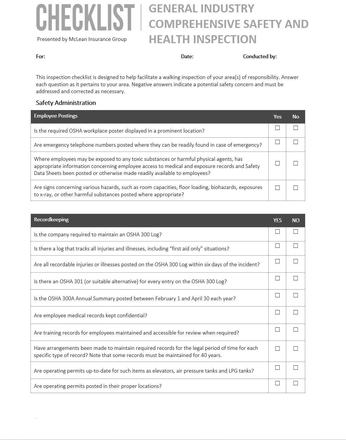 Health Safety Checklist Safety Template Form Employee Health Form ...