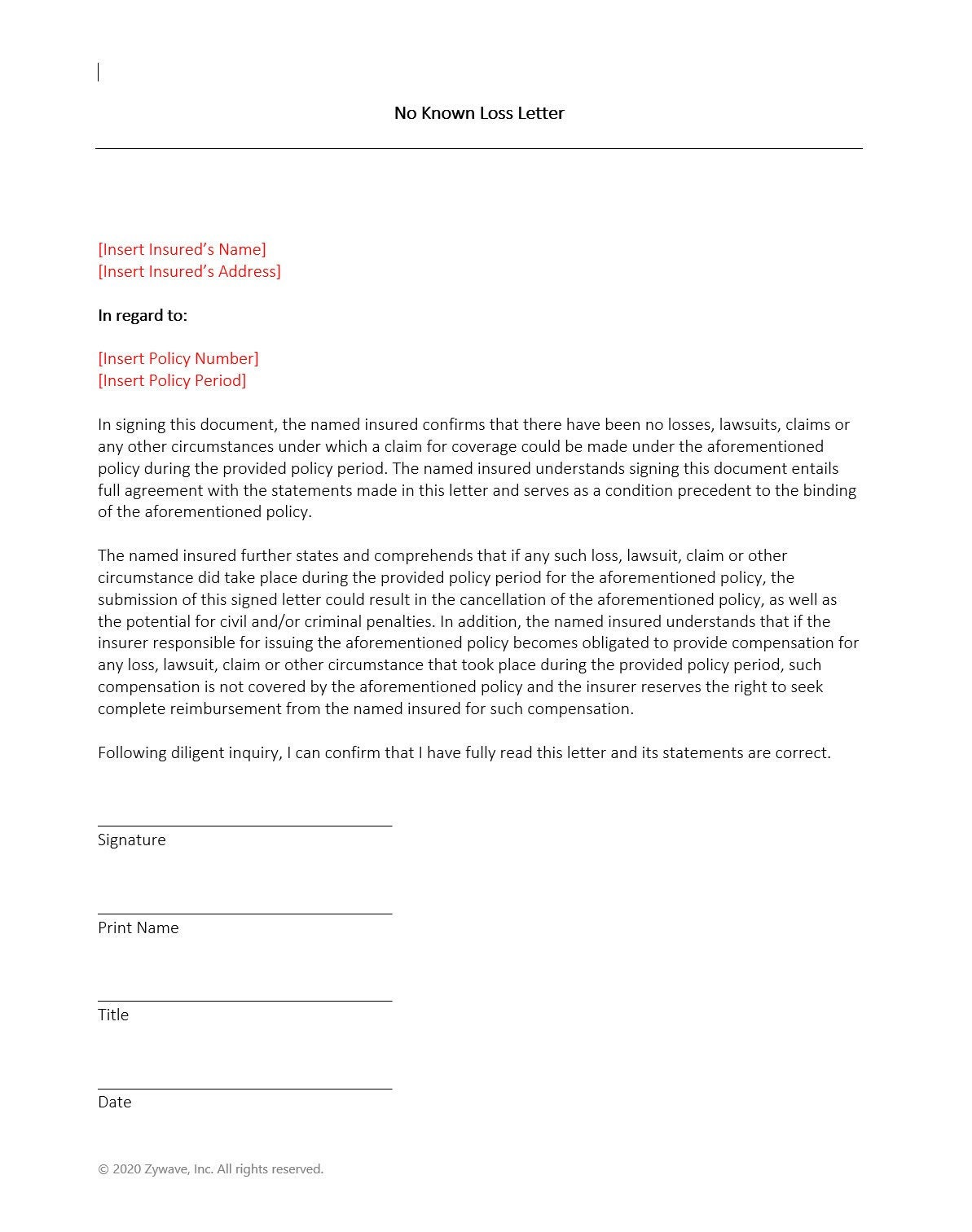 No Known Loss Loss Claim Letter Forms Proof of Loss Form Money Stolen ...