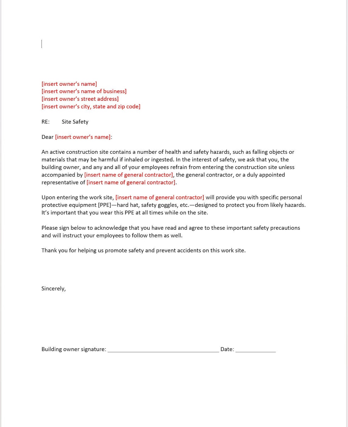 Site Safety Letter Construction Safety Target Safety Forms Personal ...