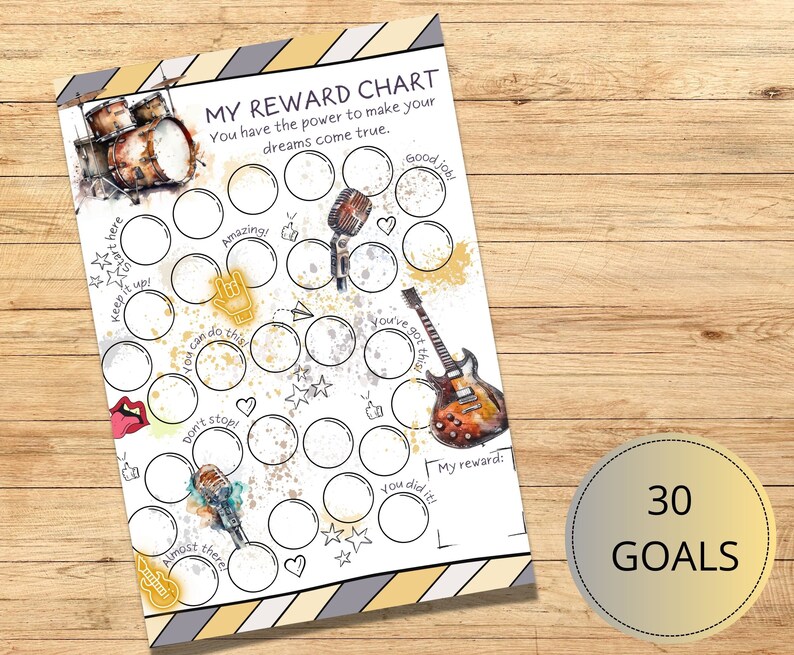 Printable Teen Rock Music Reward Chart, Kids Behavior Core Chart PDF ...