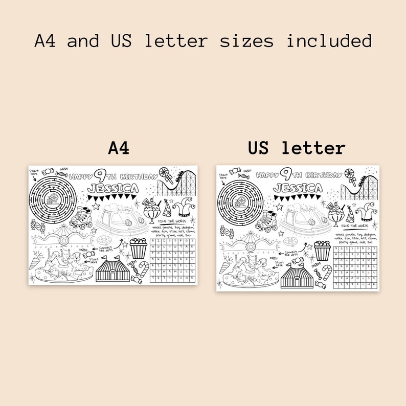 EDITABLE Kids Party Amusement Park Themed Activity Sheet, Personalized ...